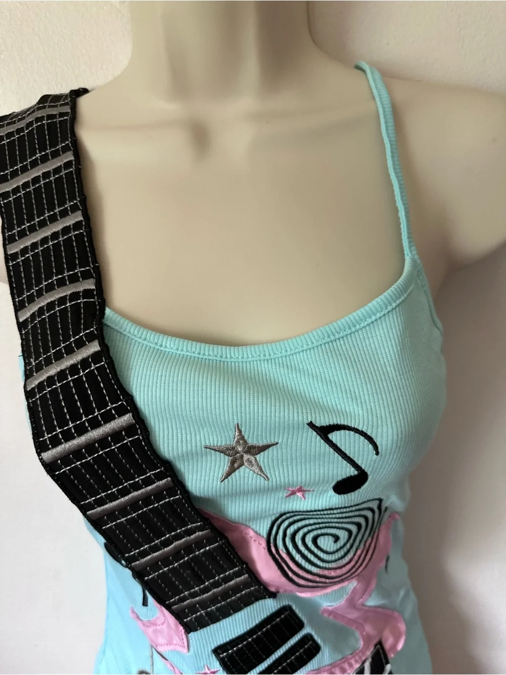 Tops | Light Blue Graphic Guitar Tank Top With Pink Accents | Poshmark